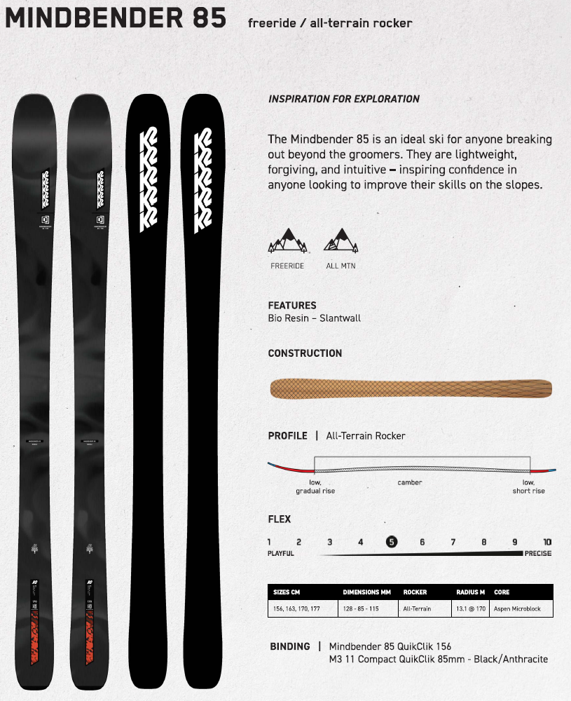 K2 Mindbender 85 2026 with QUIKCLIK Marker Binding system – Snow and Surf